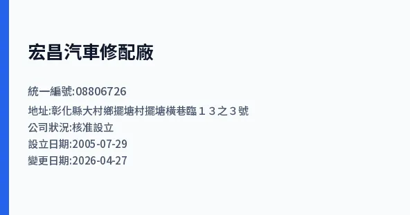 宏昌汽車修配廠的照片-統編 08806726(彰化縣) 公司登記資料與營業項目詳細圖表