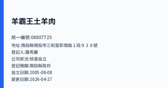羊霸王土羊肉的照片-統編 08807725(南投縣) 公司登記資料與營業項目詳細圖表