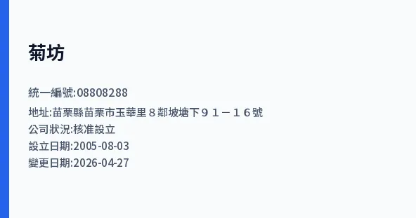菊坊的照片-統編 08808288(苗栗縣) 公司登記資料與營業項目詳細圖表