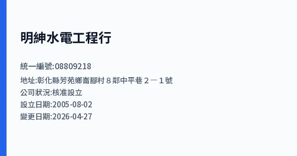 明紳水電工程行的照片-統編 08809218(彰化縣) 公司登記資料與營業項目詳細圖表