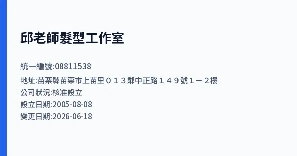 邱老師髮型工作室的照片-統編 08811538(苗栗縣) 公司登記資料與營業項目詳細圖表