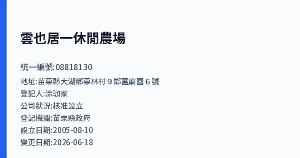 雲也居一休閒農場的照片-統編 08818130(苗栗縣) 公司登記資料與營業項目詳細圖表