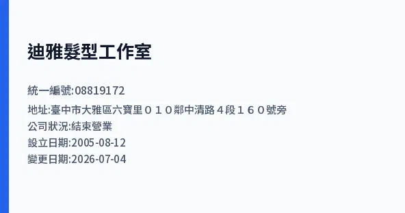 迪雅髮型工作室的照片-統編 08819172(臺中市) 公司登記資料與營業項目詳細圖表