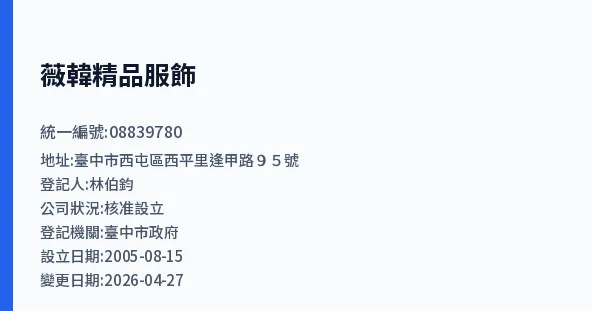 薇韓精品服飾的照片-統編 08839780(臺中市) 公司登記資料與營業項目詳細圖表
