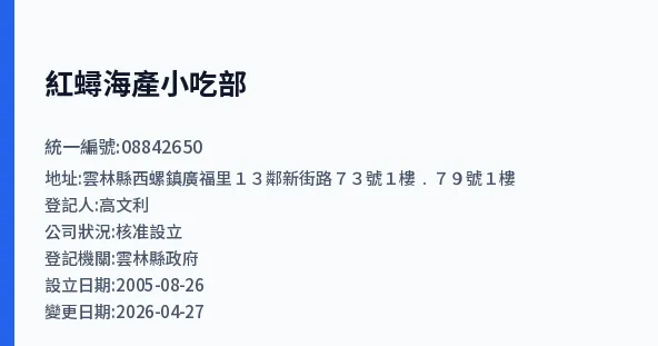 紅蟳海產小吃部的照片-統編 08842650(雲林縣) 公司登記資料與營業項目詳細圖表