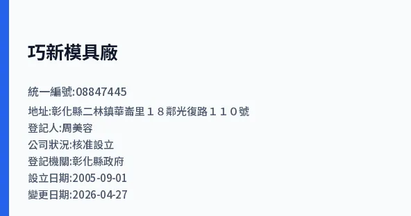 巧新模具廠的照片-統編 08847445(彰化縣) 公司登記資料與營業項目詳細圖表