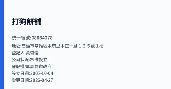 打狗餅舖的照片-統編 08864078(高雄市) 公司登記資料與營業項目詳細圖表