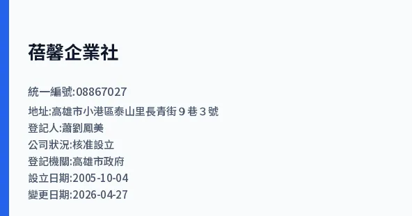 蓓馨企業社的照片-統編 08867027(高雄市) 公司登記資料與營業項目詳細圖表