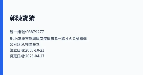 郭陳寶猜的照片-統編 08879277(高雄市) 公司登記資料與營業項目詳細圖表