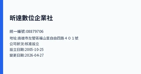 昕達數位企業社的照片-統編 08879706(高雄市) 公司登記資料與營業項目詳細圖表