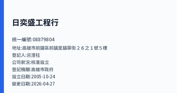 日奕盛工程行的照片-統編 08879804(高雄市) 公司登記資料與營業項目詳細圖表