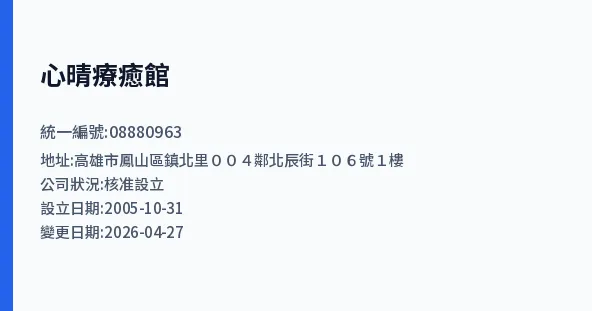 心晴療癒館的照片-統編 08880963(高雄市) 公司登記資料與營業項目詳細圖表