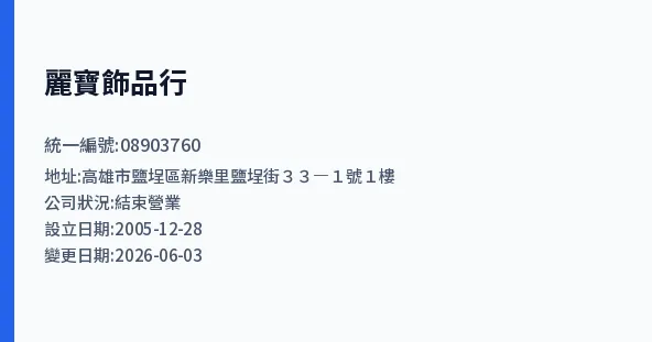 麗寶飾品行的照片-統編 08903760(高雄市) 公司登記資料與營業項目詳細圖表