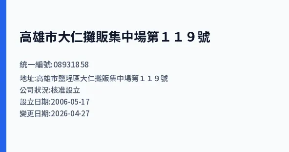 高雄市大仁攤販集中場第119號的照片-統編 08931858(高雄市) 公司登記資料與營業項目詳細圖表