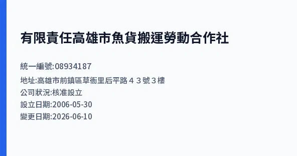 有限責任高雄市魚貨搬運勞動合作社的照片-統編 08934187(高雄市) 公司登記資料與營業項目詳細圖表