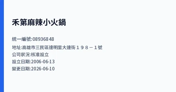 禾第麻辣小火鍋的照片-統編 08936848(高雄市) 公司登記資料與營業項目詳細圖表
