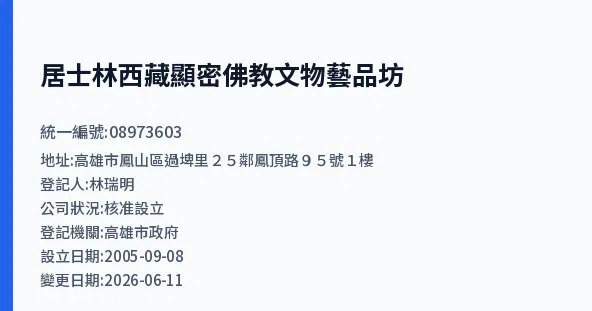 居士林西藏顯密佛教文物藝品坊的照片-統編 08973603(高雄市) 公司登記資料與營業項目詳細圖表