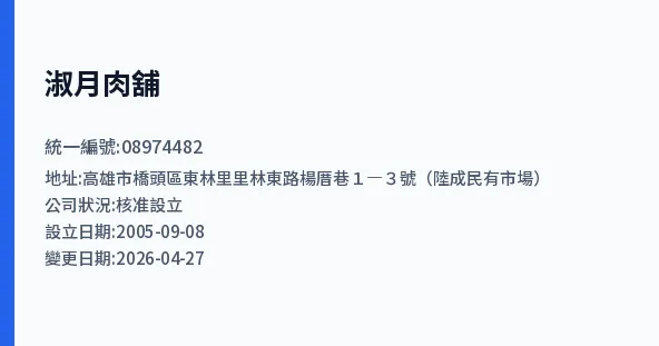 淑月肉舖的照片-統編 08974482(高雄市) 公司登記資料與營業項目詳細圖表