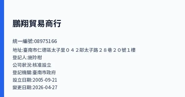 鵬翔貿易商行的照片-統編 08975166(臺南市) 公司登記資料與營業項目詳細圖表