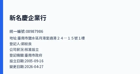 新名慶企業行的照片-統編 08987986(臺南市) 公司登記資料與營業項目詳細圖表