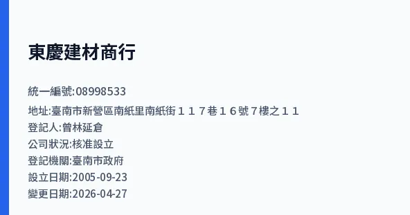 東慶建材商行的照片-統編 08998533(臺南市) 公司登記資料與營業項目詳細圖表