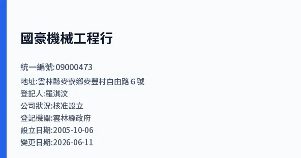 國豪機械工程行的照片-統編 09000473(雲林縣) 公司登記資料與營業項目詳細圖表