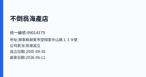 不倒翁海產店的照片-統編 09014379(屏東縣) 公司登記資料與營業項目詳細圖表