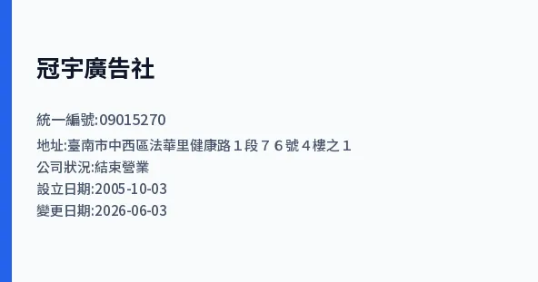 冠宇廣告社的照片-統編 09015270(臺南市) 公司登記資料與營業項目詳細圖表