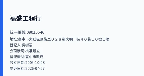 福盛工程行的照片-統編 09015546(臺中市) 公司登記資料與營業項目詳細圖表