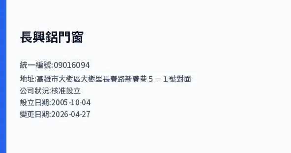 長興鋁門窗的照片-統編 09016094(高雄市) 公司登記資料與營業項目詳細圖表