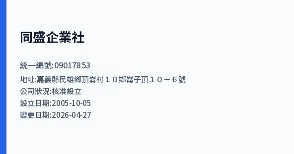 同盛企業社的照片-統編 09017853(嘉義縣) 公司登記資料與營業項目詳細圖表