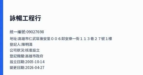 詠暢工程行的照片-統編 09027698(高雄市) 公司登記資料與營業項目詳細圖表