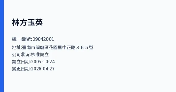 林方玉英的照片-統編 09042001(臺南市) 公司登記資料與營業項目詳細圖表