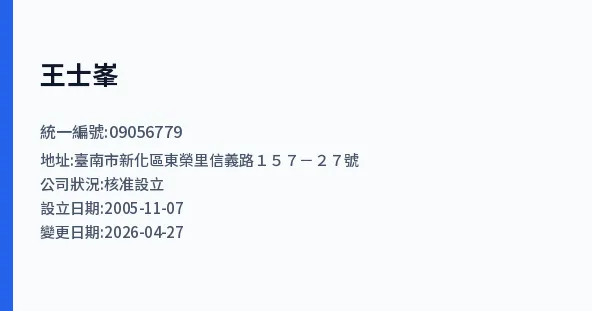 王士峯的照片-統編 09056779(臺南市) 公司登記資料與營業項目詳細圖表