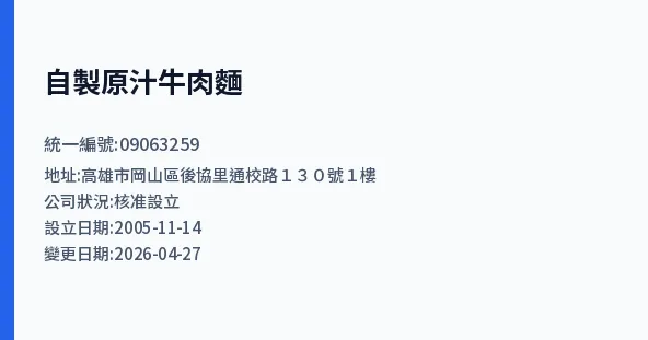 自製原汁牛肉麵的照片-統編 09063259(高雄市) 公司登記資料與營業項目詳細圖表