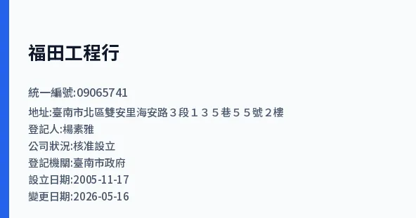 福田工程行的照片-統編 09065741(臺南市) 公司登記資料與營業項目詳細圖表