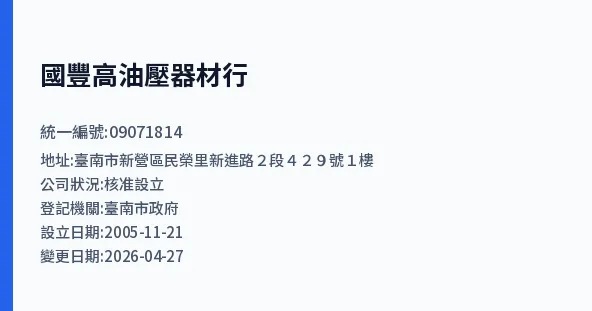 國豐高油壓器材行的照片-統編 09071814(臺南市) 公司登記資料與營業項目詳細圖表