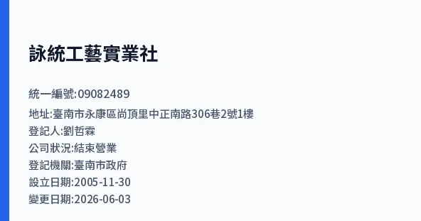 詠統工藝實業社的照片-統編 09082489(臺南市) 公司登記資料與營業項目詳細圖表