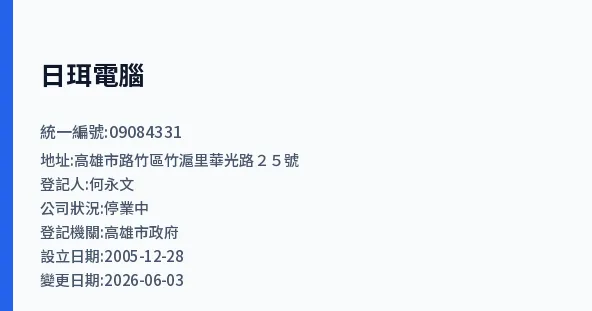 日珥電腦的照片-統編 09084331(高雄市) 公司登記資料與營業項目詳細圖表
