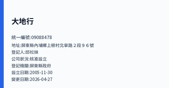 大地行的照片-統編 09088478(屏東縣) 公司登記資料與營業項目詳細圖表