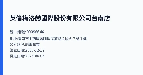 英倫梅洛赫國際股份有限公司台南店的照片-統編 09096646(臺南市) 公司登記資料與營業項目詳細圖表