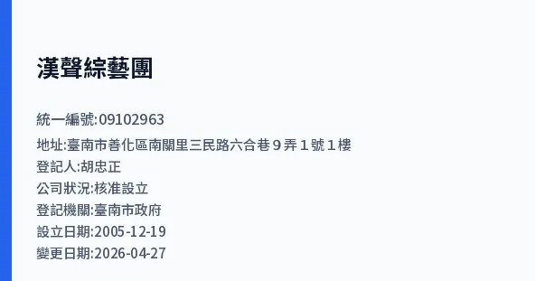漢聲綜藝團的照片-統編 09102963(臺南市) 公司登記資料與營業項目詳細圖表