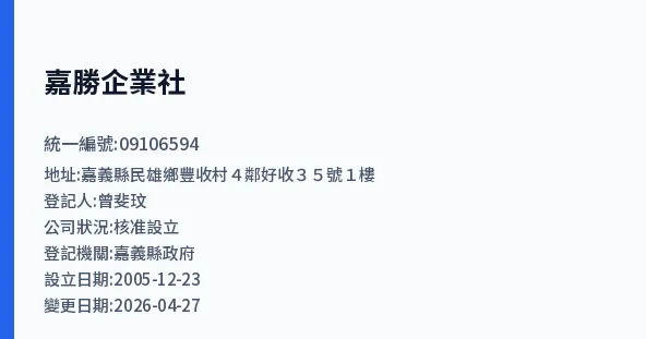 嘉勝企業社的照片-統編 09106594(嘉義縣) 公司登記資料與營業項目詳細圖表