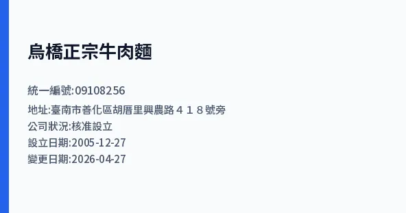 烏橋正宗牛肉麵的照片-統編 09108256(臺南市) 公司登記資料與營業項目詳細圖表