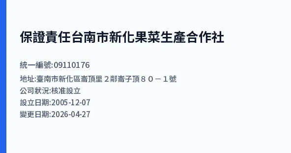 保證責任台南市新化果菜生產合作社的照片-統編 09110176(臺南市) 公司登記資料與營業項目詳細圖表