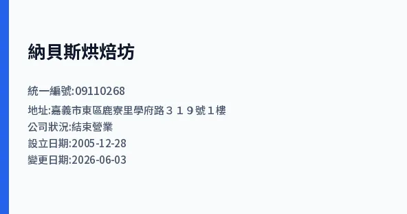 納貝斯烘焙坊的照片-統編 09110268(嘉義市) 公司登記資料與營業項目詳細圖表