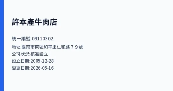 許本產牛肉店的照片-統編 09110302(臺南市) 公司登記資料與營業項目詳細圖表