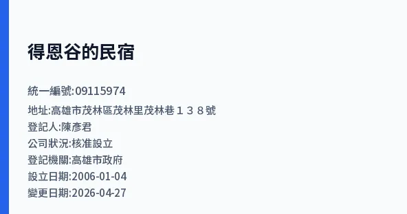 得恩谷的民宿的照片-統編 09115974(高雄市) 公司登記資料與營業項目詳細圖表