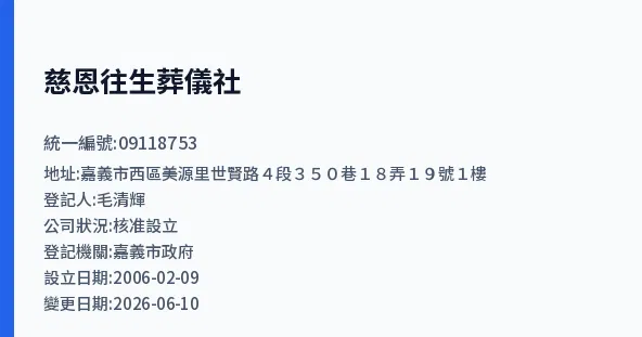 慈恩往生葬儀社的照片-統編 09118753(嘉義市) 公司登記資料與營業項目詳細圖表