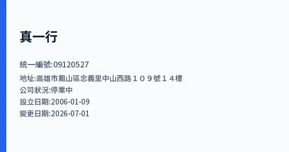 真一行的照片-統編 09120527(高雄市) 公司登記資料與營業項目詳細圖表